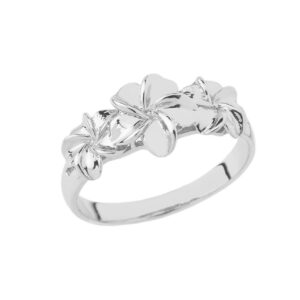 certified 10k white gold trio hawaiian plumeria flower ring (size 9)