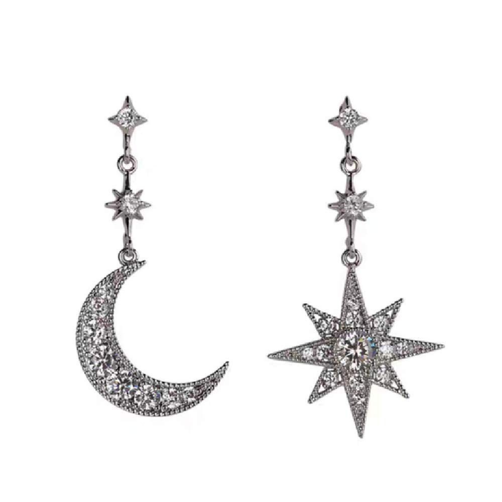 KaFu Gold Moon Star Asymmetrical Drop Earrings Sliver Sun Crystal Dangle Earrings with Rhinestone For Women (Silver-1)