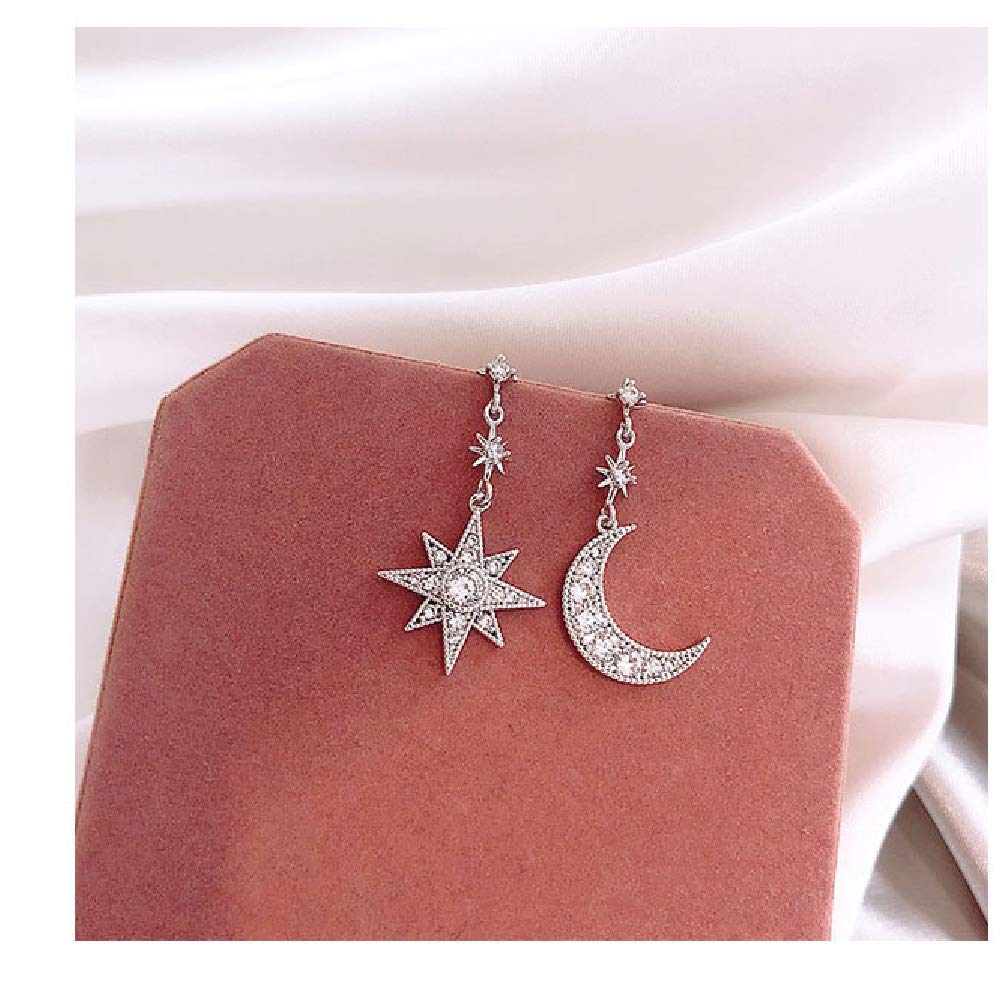 KaFu Gold Moon Star Asymmetrical Drop Earrings Sliver Sun Crystal Dangle Earrings with Rhinestone For Women (Silver-1)