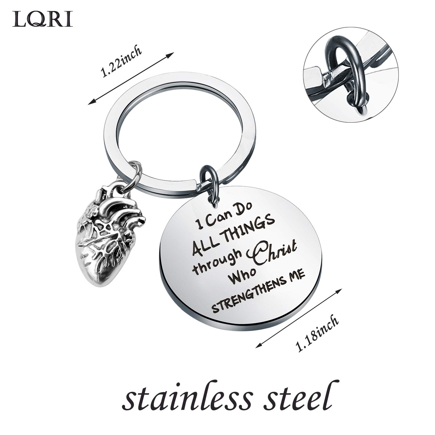 LQRI Anatomy Keychain Cardiologist Gift I Can Do All Things Through Christ Who Strengthens Me CHD Awareness Heart Disease Awareness Jewelry Dotor Nurse Cardiology Gifts (sliver)