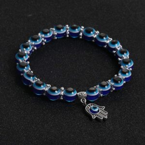 SUMMER LOVE Evil Eye Hamsa Blue Beaded Charm Stretch Bracelet Hand of Fatima Turkish Lucky Evil Eye Bracelet for Protection and Blessing