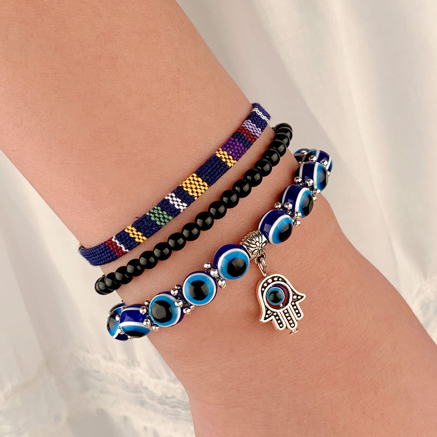 SUMMER LOVE Evil Eye Hamsa Blue Beaded Charm Stretch Bracelet Hand of Fatima Turkish Lucky Evil Eye Bracelet for Protection and Blessing