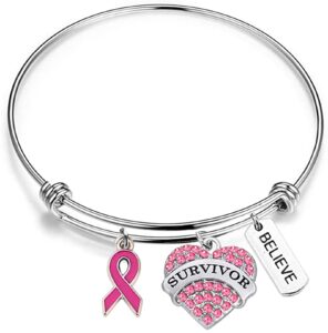 gzrlyf stainless steel bangle, survivor bracelet for breast cancer awareness, pink heart charm