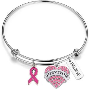 Gzrlyf Stainless Steel Bangle, Survivor Bracelet for Breast Cancer Awareness, Pink Heart Charm