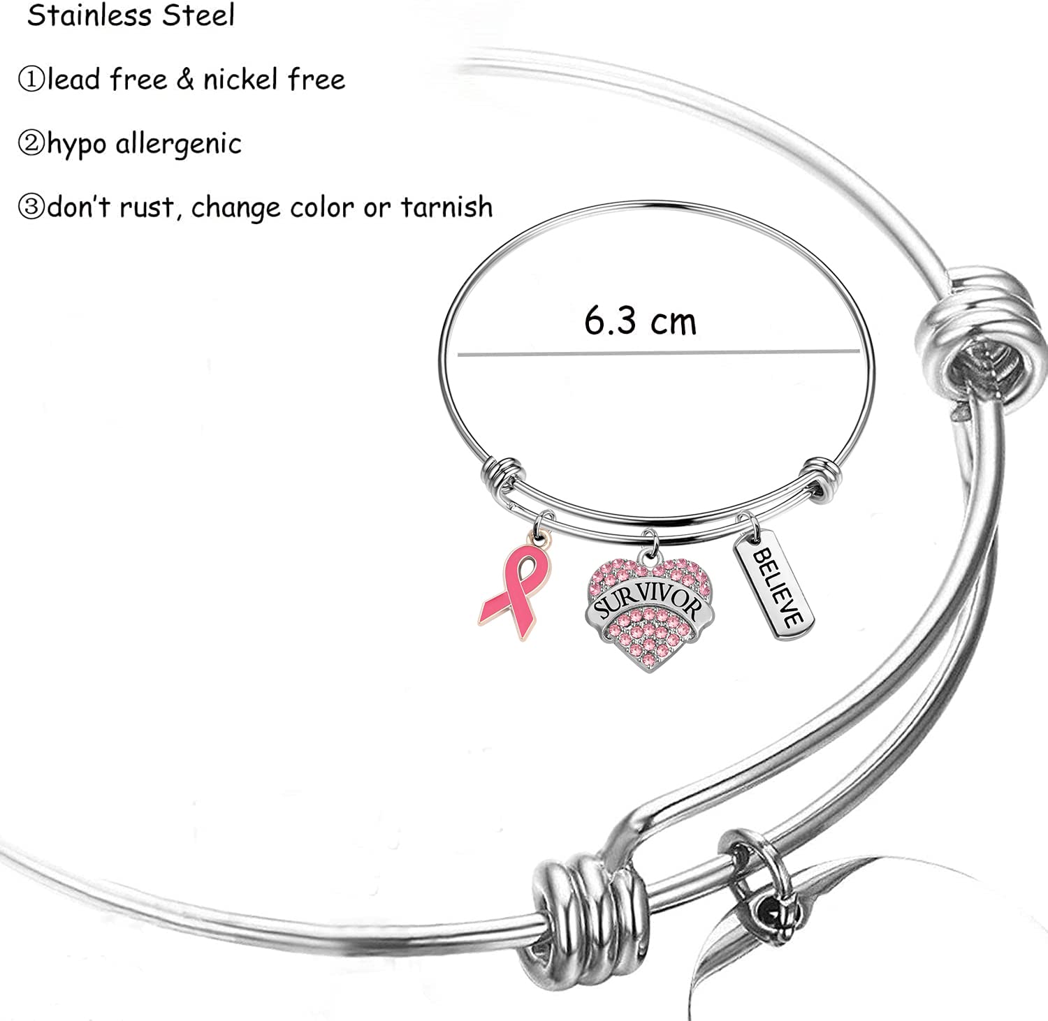 Gzrlyf Stainless Steel Bangle, Survivor Bracelet for Breast Cancer Awareness, Pink Heart Charm