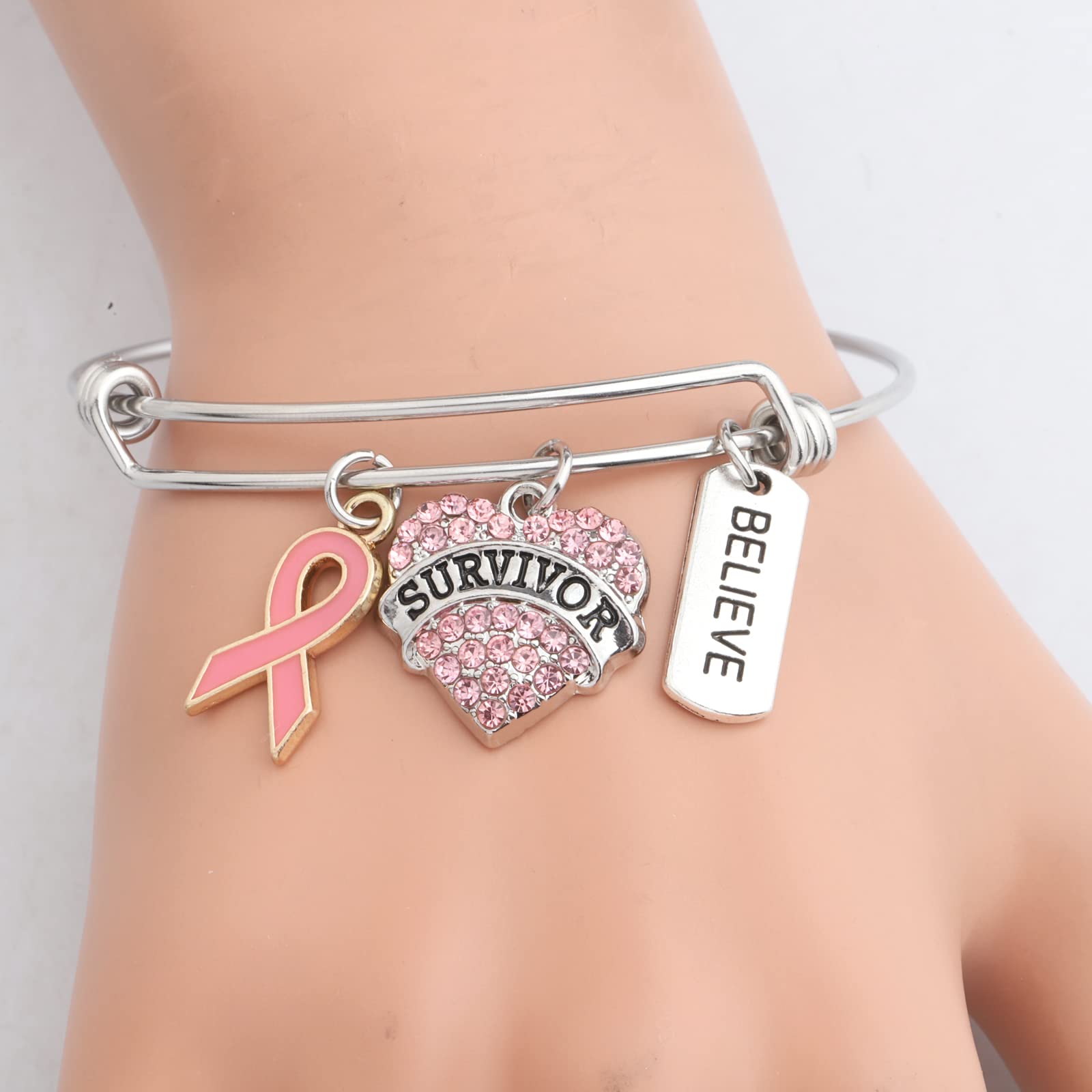 Gzrlyf Stainless Steel Bangle, Survivor Bracelet for Breast Cancer Awareness, Pink Heart Charm