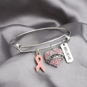 Gzrlyf Stainless Steel Bangle, Survivor Bracelet for Breast Cancer Awareness, Pink Heart Charm