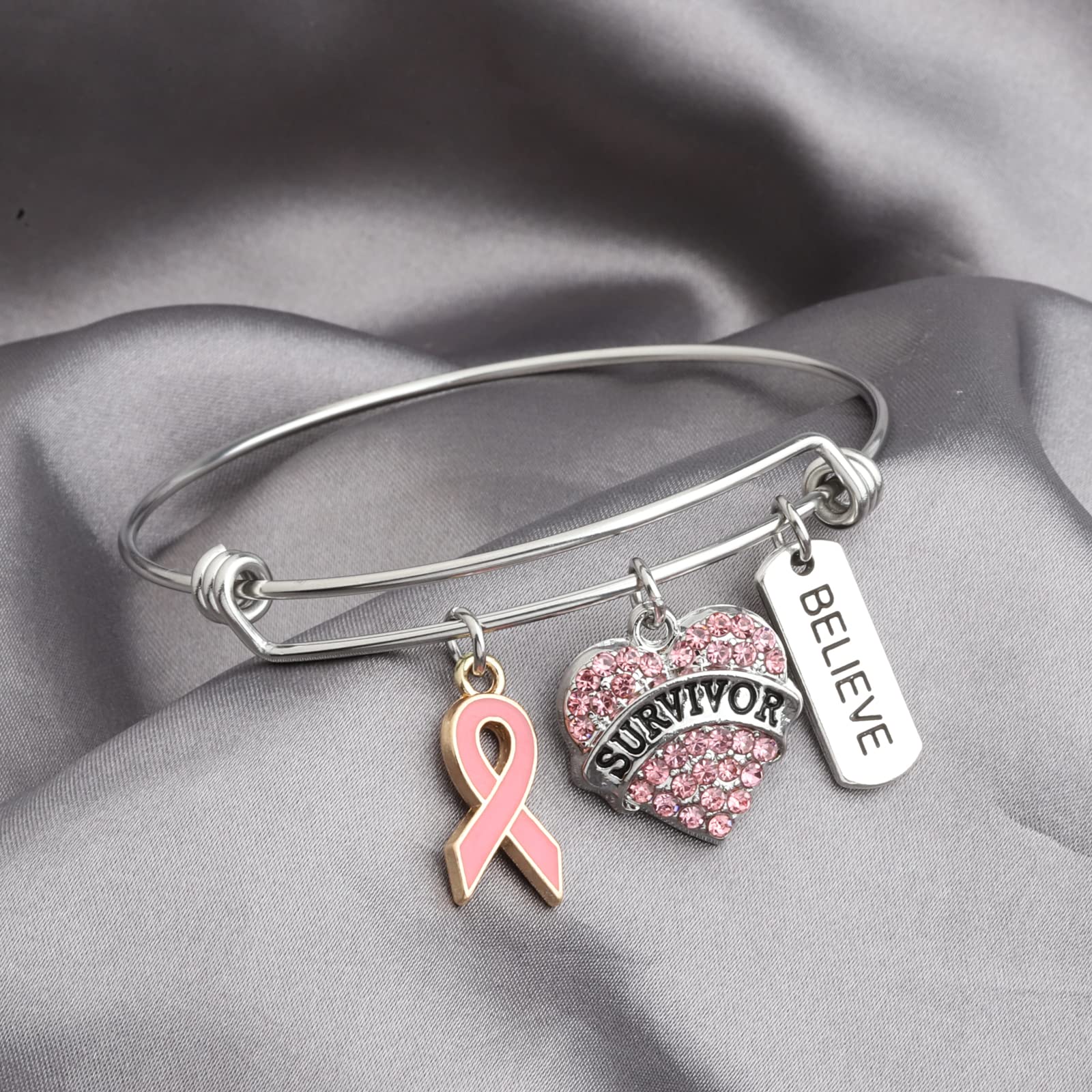 Gzrlyf Stainless Steel Bangle, Survivor Bracelet for Breast Cancer Awareness, Pink Heart Charm