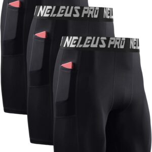 NELEUS Men's 3 Pack Compression Shorts with Pockets Dry Fit Yoga Running Shorts,6063,Black/Black/Black,3XL