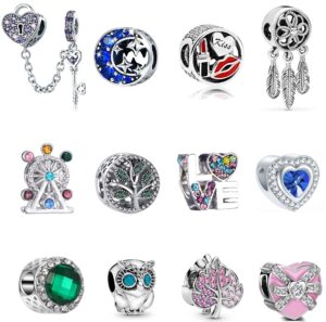 12pcs a suit 925 silver plating alloy enamel colored rhinestones tree of life lock owl heart luck bead charms for charm bracelets snake bracelet women's charms mother's day gift