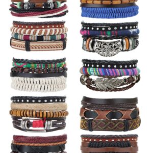 JOERICA 32-35 Pcs Braided Bracelet for Women Men Woven Leather Wristbands Boho Ethnic Style Tribal Linen Hemp Cords Wrap Bracelets Set Handmade String Jewelry