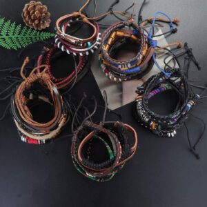 JOERICA 32-35 Pcs Braided Bracelet for Women Men Woven Leather Wristbands Boho Ethnic Style Tribal Linen Hemp Cords Wrap Bracelets Set Handmade String Jewelry