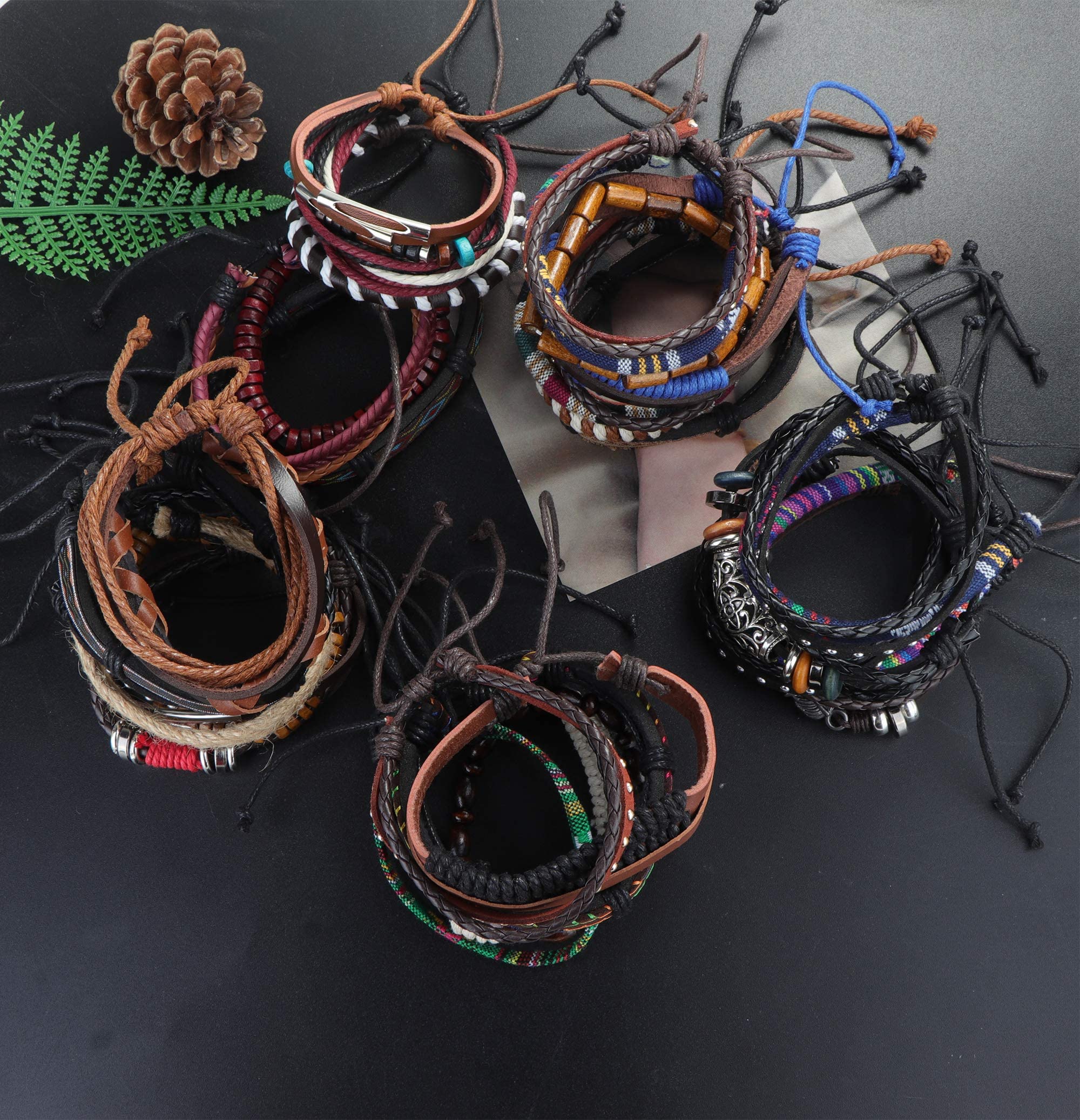 JOERICA 32-35 Pcs Braided Bracelet for Women Men Woven Leather Wristbands Boho Ethnic Style Tribal Linen Hemp Cords Wrap Bracelets Set Handmade String Jewelry