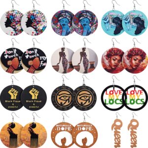 12 pairs african map women earrings round natural wooden painted earrings ethnic style dangle earring (letter queen)