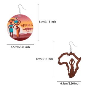 12 Pairs African Map Women Earrings Round Natural Wooden Painted Earrings Ethnic Style Dangle Earring (African Themed Patterns)