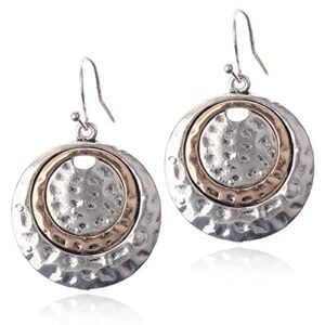 D.Rosse Handmade Ethnic Boho Retro Gold Matte Small Round Circle Dangle Drop Earrings Vintage Silver Hoop Hook Earrings for Women Statement Jewelry (Silver)