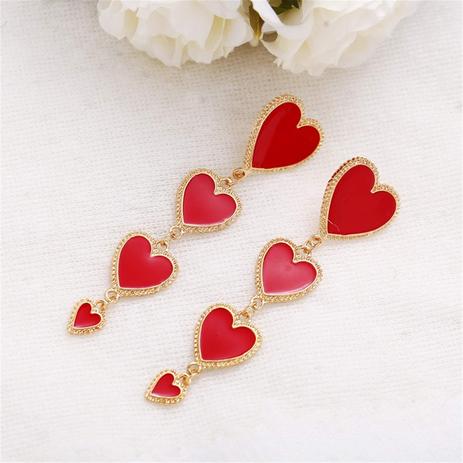 D.Rosse Chic Enamel Interlocking Heart Dangle Earrings Vintage Unique Huge Red Heart Statement Earrings with 4 Hearts for Women Jewelry Valentine Gift (Red)