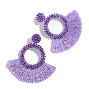 handmade bohemian tassel crystal statement drop dangle earrings for women hoop fringe lightweight ear jewelry summer accessories (purple)