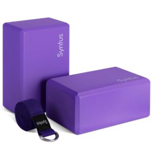 syntus yoga block and yoga strap set, 2 eva foam soft non-slip yoga blocks 9×6×4 inches, 8ft metal d-ring strap for yoga, general fitness, pilates, stretching and toning, purple