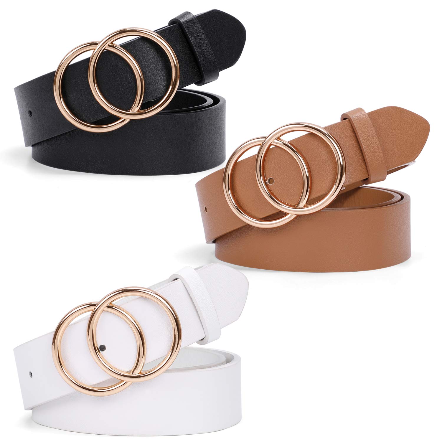 SUOSDEY Women Leather Belt Fashion Double O-Ring Soft Faux Leather Waist Belts For Jeans Dress