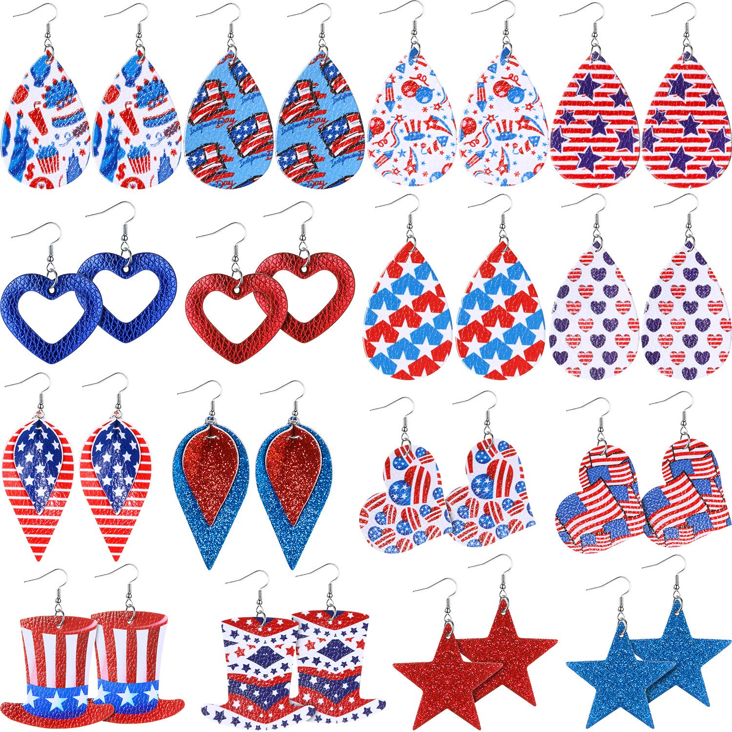 16 Pairs Independence Day American Flags Patriotic Faux Leather Earrings Dangle Petal Lightweight 4th of July Teardrop Leaf Drop Earrings for Women Gifts