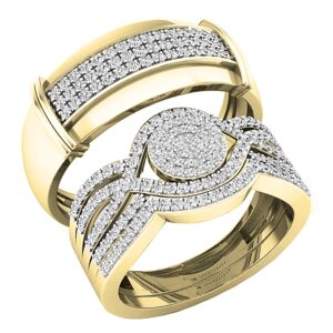 dazzlingrock collection round white diamond cluster criss cross matching wedding trio ring set (0.65 ctw, color i-j, clarity i2-i3) in 10k yellow gold, women size 8.5 and men size 11