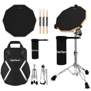 starfavor drum practice pad with snare drum stand set, 12-inch double sided silent practice pad kit with drum sticks, drumstick holder, luminous carrying bag, black (fits 8''-15'' drums)