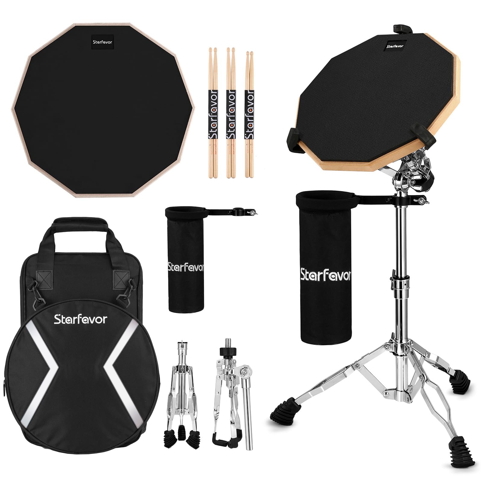 Starfavor Drum Practice Pad with Snare Drum Stand Set, 12-Inch Double Sided Silent Practice Pad Kit with Drum Sticks, Drumstick Holder, Luminous Carrying Bag, Black (Fits 8''-15'' Drums)