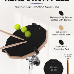 Starfavor Drum Practice Pad with Snare Drum Stand Set, 12-Inch Double Sided Silent Practice Pad Kit with Drum Sticks, Drumstick Holder, Luminous Carrying Bag, Black (Fits 8''-15'' Drums)