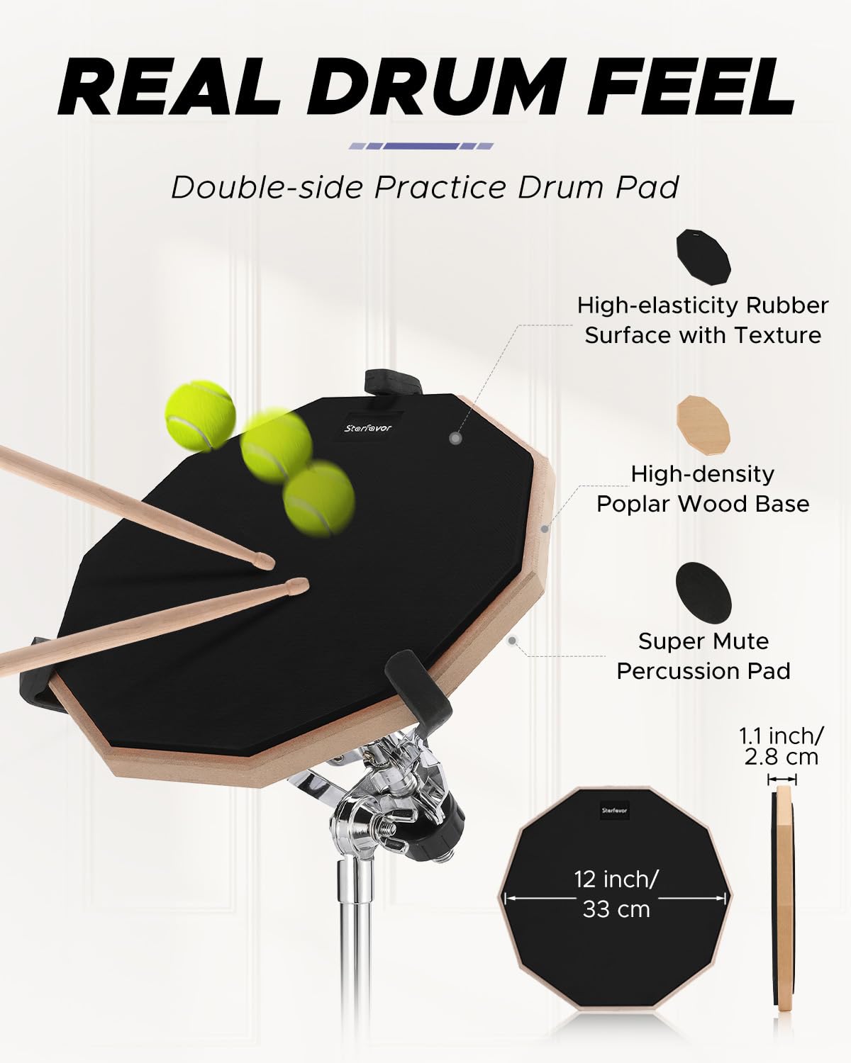 Starfavor Drum Practice Pad with Snare Drum Stand Set, 12-Inch Double Sided Silent Practice Pad Kit with Drum Sticks, Drumstick Holder, Luminous Carrying Bag, Black (Fits 8''-15'' Drums)