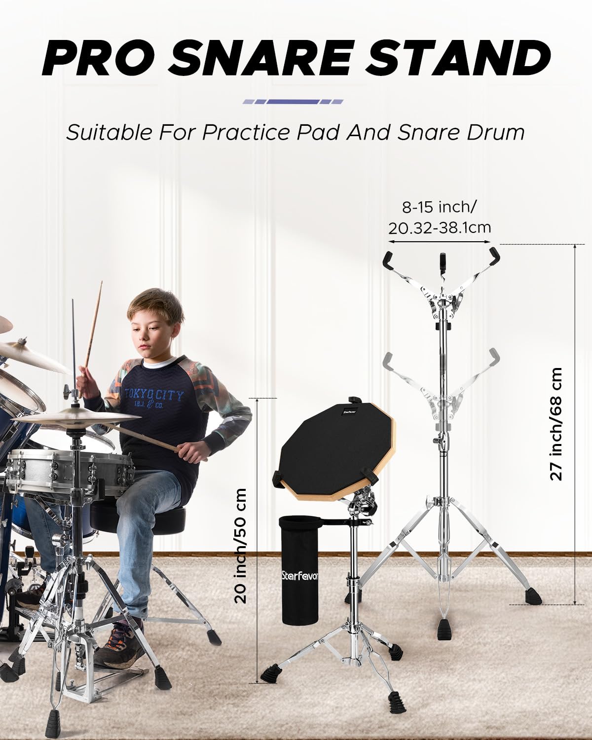 Starfavor Drum Practice Pad with Snare Drum Stand Set, 12-Inch Double Sided Silent Practice Pad Kit with Drum Sticks, Drumstick Holder, Luminous Carrying Bag, Black (Fits 8''-15'' Drums)