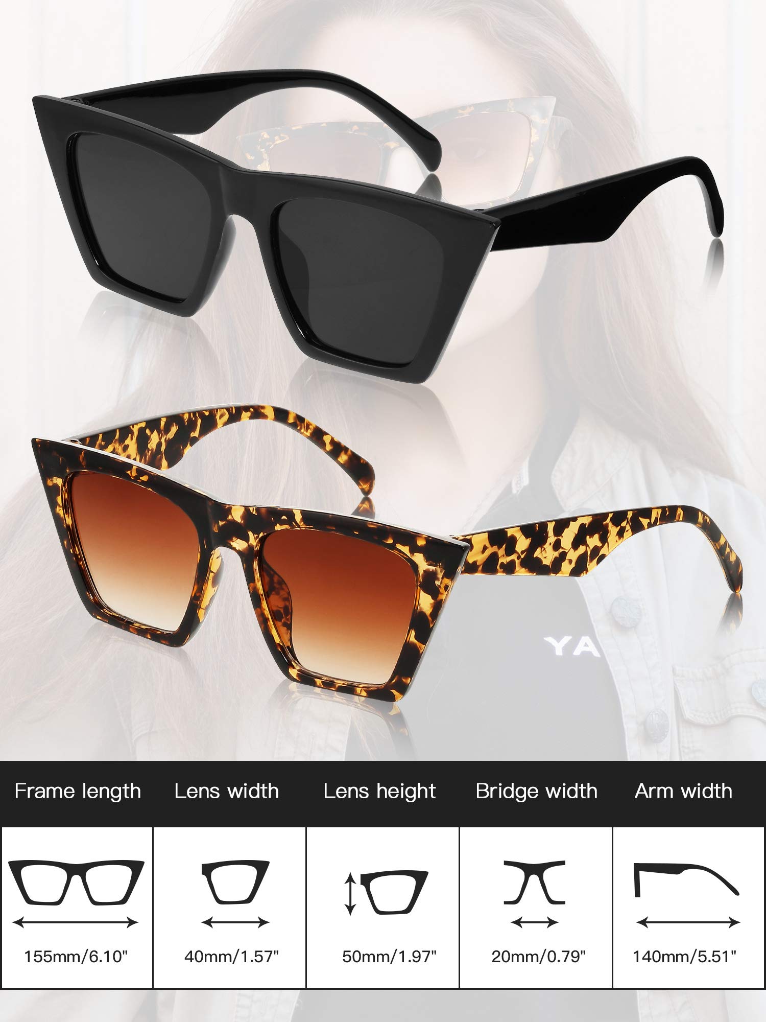 2 Pair Vintage Square Cat Eye Sunglasses Women Retro Trendy Cateye Sunglasses