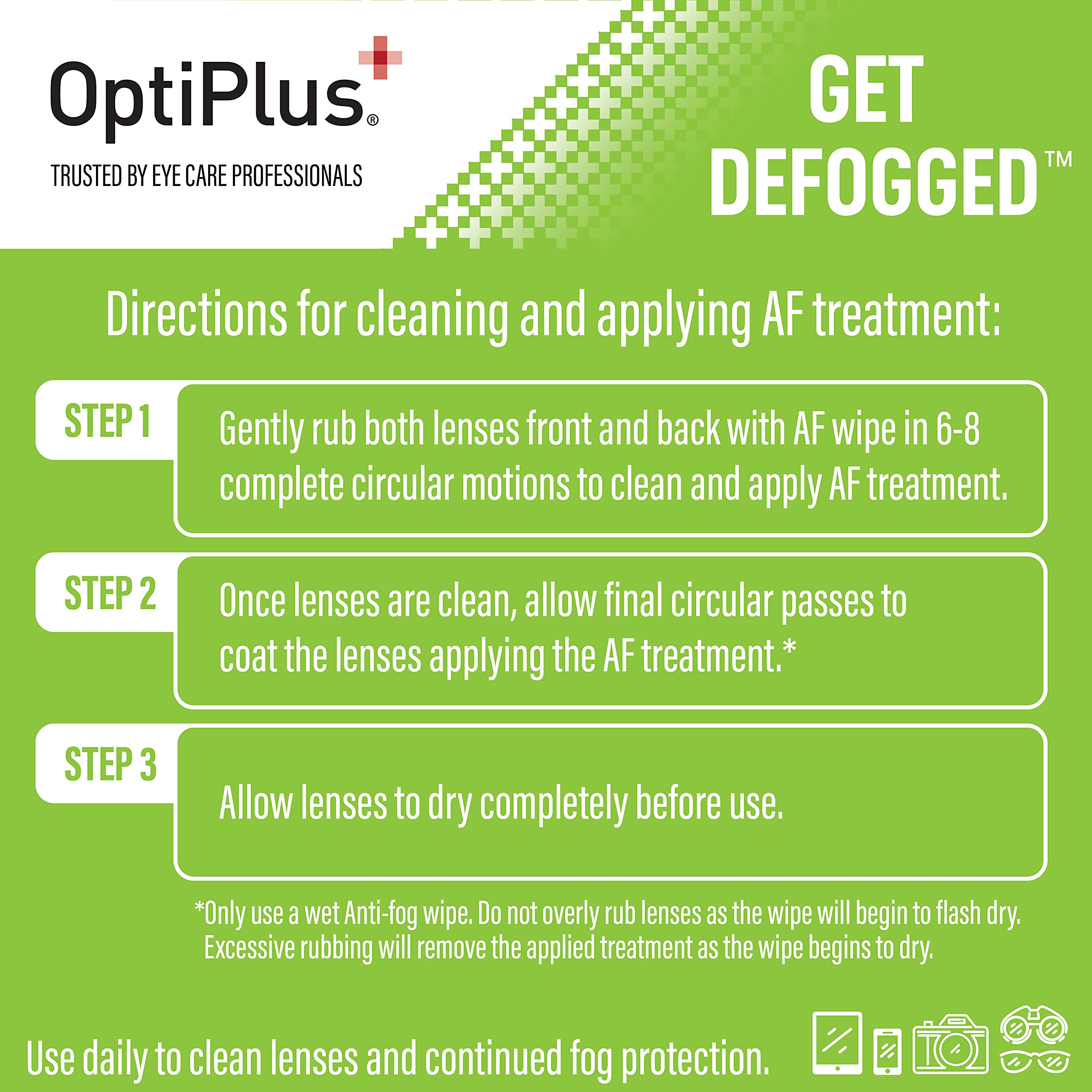 OptiPlus Anti Fog Pre-Moistened Cleaning Wipes for Glasses, Screens, Lenses - Quick-Dry, Scratch-Free, 100 Count