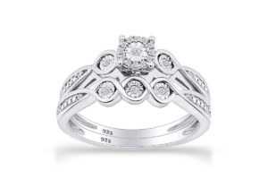 affy 1/10 ctw round white natural diamond set ladies engagement wedding bridal ring set in 14k white gold plated sterling silver (i-j / i2-i3, 0.10 ctw) size-6