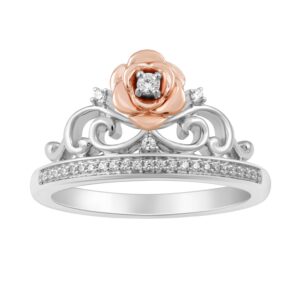 jewelili enchanted disney fine jewelry sterling silver and 10k rose gold 1/10 cttw belle rose tiara ring