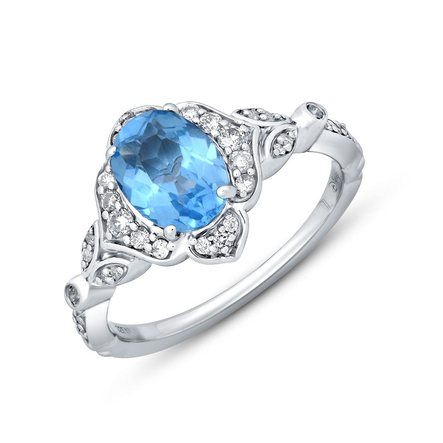 Jewelili Enchanted Disney Fine Jewelry Sterling Silver 1/5 Cttw Diamond and Swiss Blue Topaz Jasmine Ring Size 7