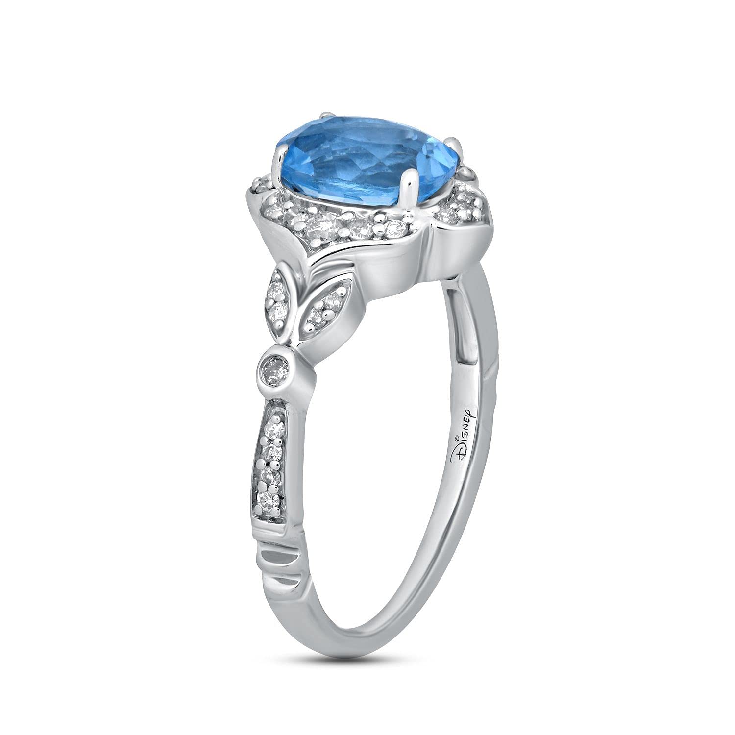 Jewelili Enchanted Disney Fine Jewelry Sterling Silver 1/5 Cttw Diamond and Swiss Blue Topaz Jasmine Ring Size 7