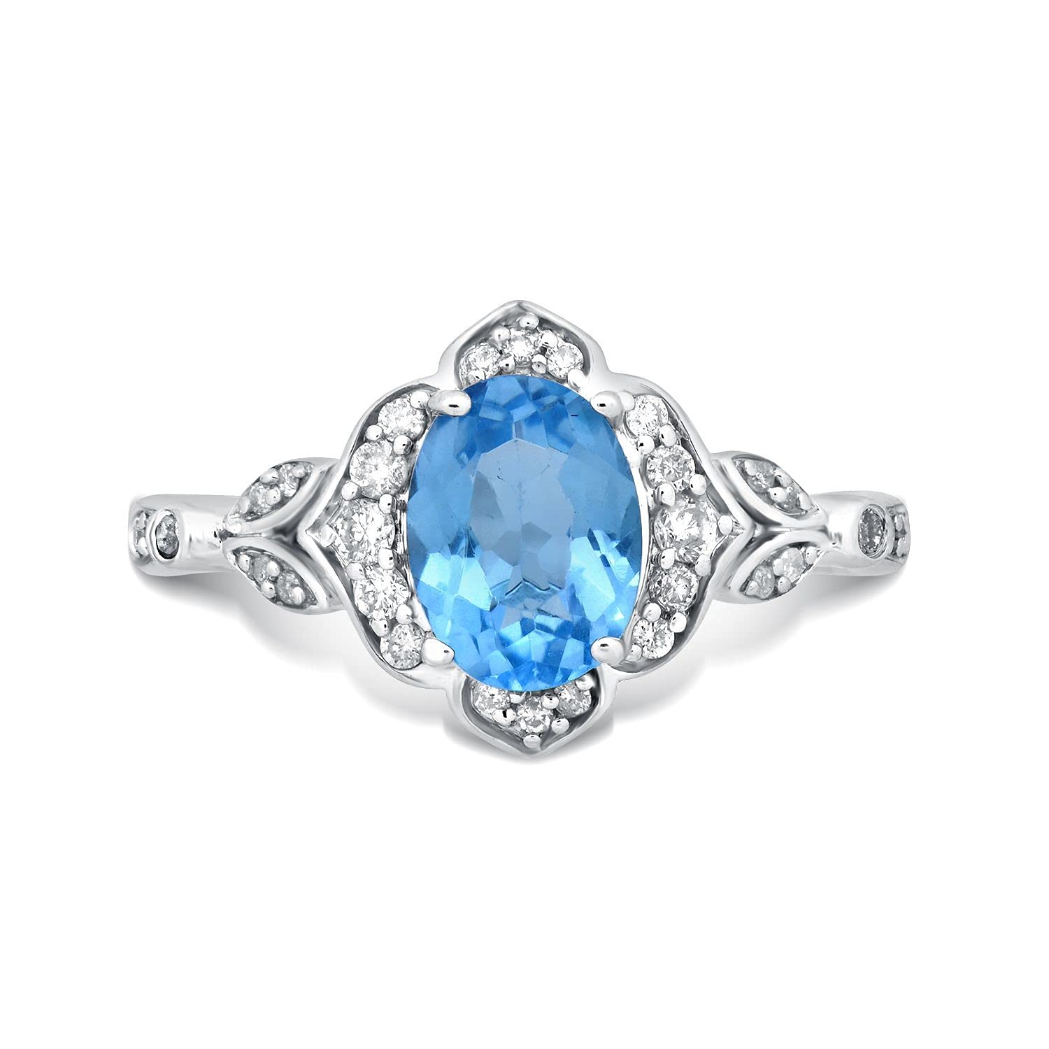 Jewelili Enchanted Disney Fine Jewelry Sterling Silver 1/5 Cttw Diamond and Swiss Blue Topaz Jasmine Ring Size 7