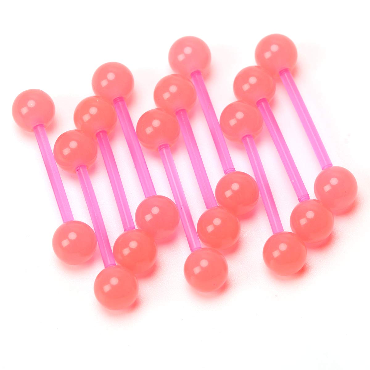 CrazyPiercing 10Pcs 14G 16mm Glow in The Dark Flexible Acrylic Tongue Ring or Nipple Ring Staight Tongue Barbell Retainer Piercing Jewelry (Pink)