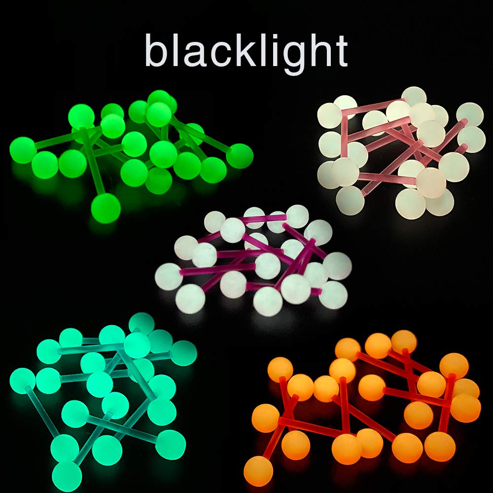 CrazyPiercing 10Pcs 14G 16mm Glow in The Dark Flexible Acrylic Tongue Ring or Nipple Ring Staight Tongue Barbell Retainer Piercing Jewelry (Pink)