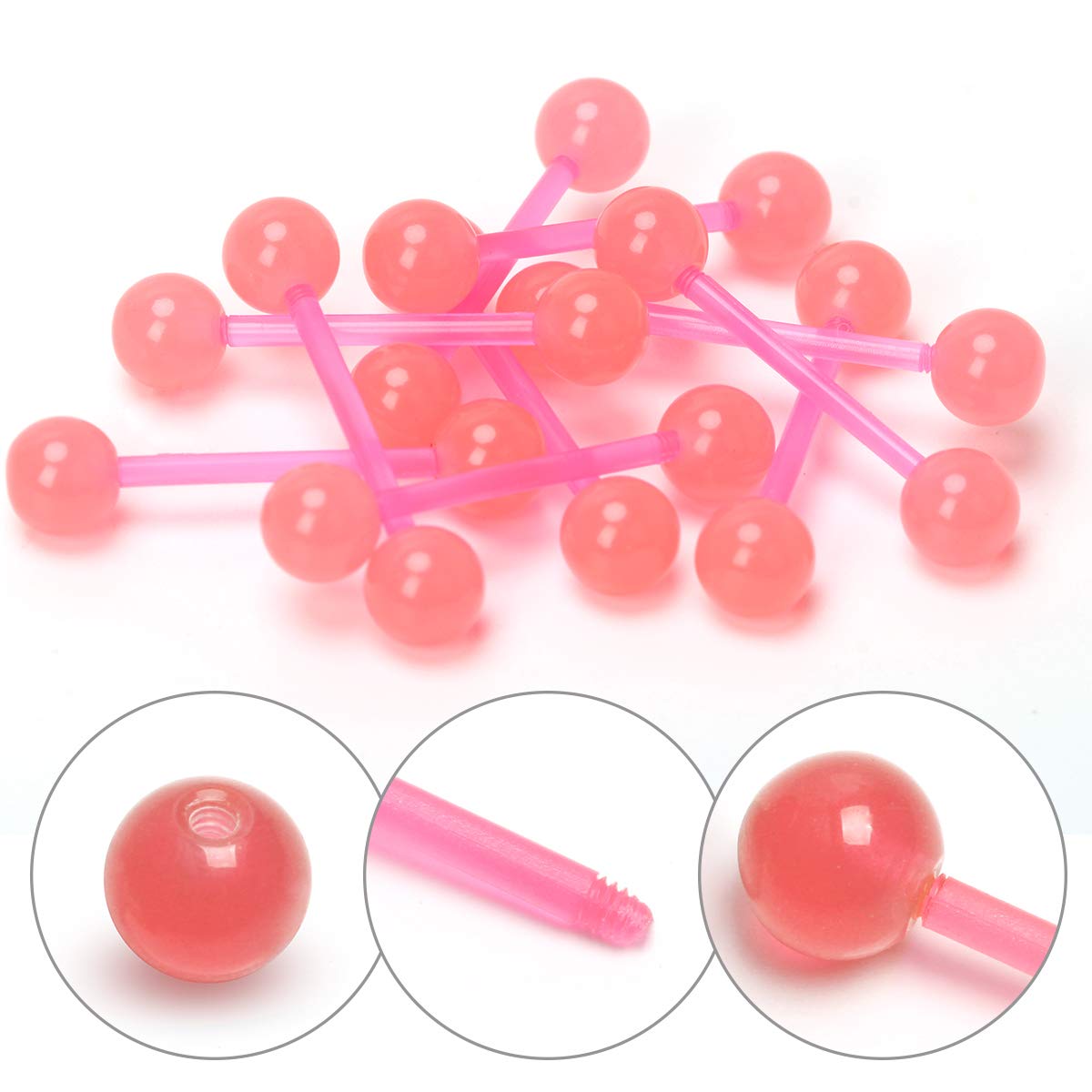 CrazyPiercing 10Pcs 14G 16mm Glow in The Dark Flexible Acrylic Tongue Ring or Nipple Ring Staight Tongue Barbell Retainer Piercing Jewelry (Pink)