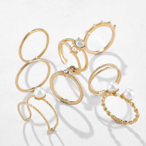 Missgrace 8 Piece Gold Knuckle Ring Set Vintage Pearls Rhinestones Boho Stackable Adjustable Rings for Women (Style 5)