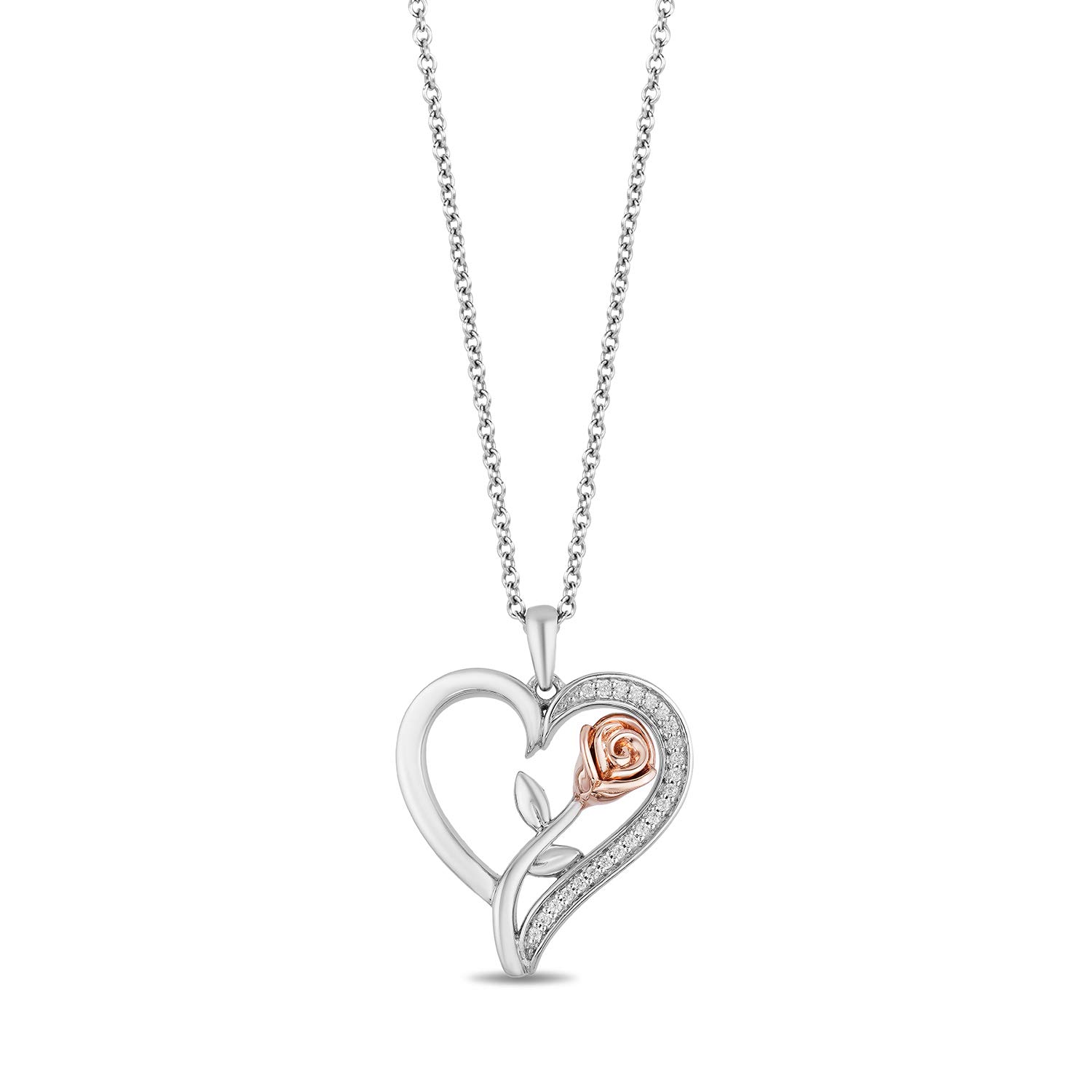 Jewelili Enchanted Disney Fine Jewelry Belle Rose in Heart Necklace Pendant in 14K Rose Gold Over Sterling Silver 1/10 CTTW Diamonds