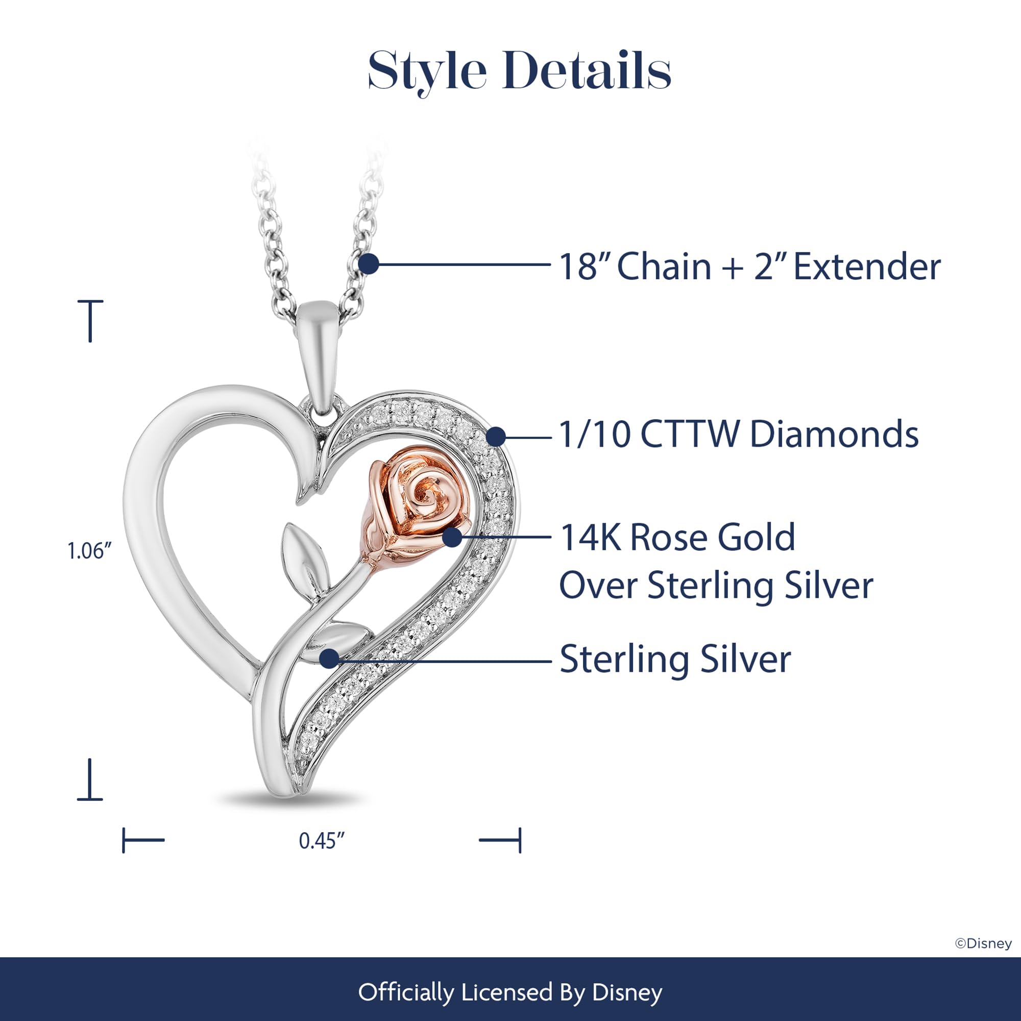 Jewelili Enchanted Disney Fine Jewelry Belle Rose in Heart Necklace Pendant in 14K Rose Gold Over Sterling Silver 1/10 CTTW Diamonds