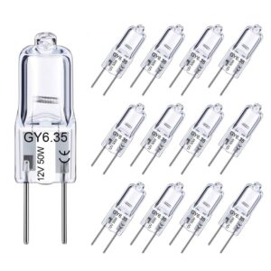 lacnooe gy6.35 halogen bulb 50w, 12 pack dimmable gy6.35 light bulb q50/cl/gy6/12v/t3/t4 jc type gy6.35/g6.35 bi-pin base ac/dc 12v warm white 2700k single ended capsule light bulbs