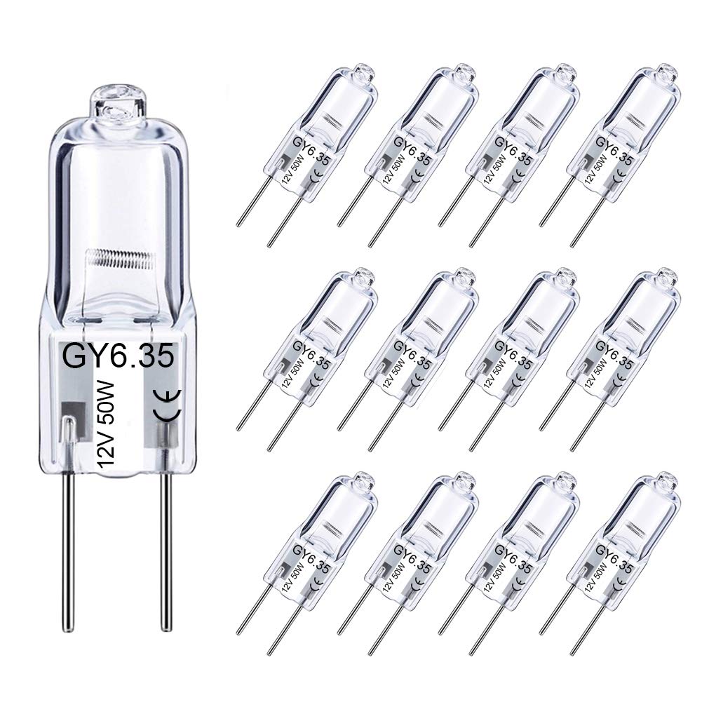 Lacnooe GY6.35 Halogen Bulb 50W, 12 Pack Dimmable GY6.35 Light Bulb Q50/CL/GY6/12V/T3/T4 JC Type GY6.35/G6.35 Bi-pin Base AC/DC 12V Warm White 2700K Single Ended Capsule Light Bulbs