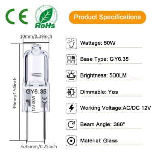 Lacnooe GY6.35 Halogen Bulb 50W, 12 Pack Dimmable GY6.35 Light Bulb Q50/CL/GY6/12V/T3/T4 JC Type GY6.35/G6.35 Bi-pin Base AC/DC 12V Warm White 2700K Single Ended Capsule Light Bulbs