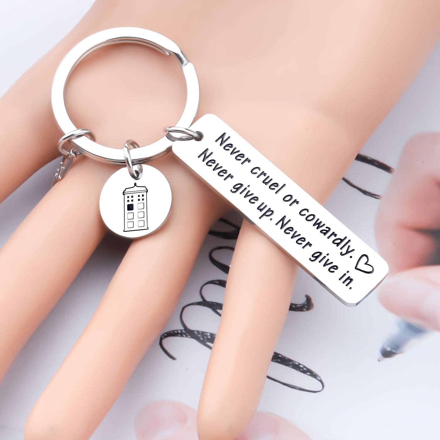 AKTAP Police Box Keychain Gift Never Cruel Or Cowardly Never Give Up Never Give In Movie Quote Jewelry For Fans (Police Box Keychain)