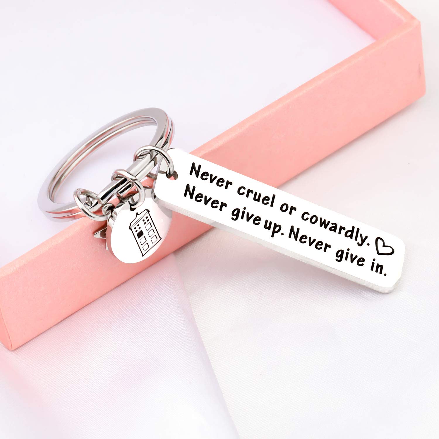 AKTAP Police Box Keychain Gift Never Cruel Or Cowardly Never Give Up Never Give In Movie Quote Jewelry For Fans (Police Box Keychain)