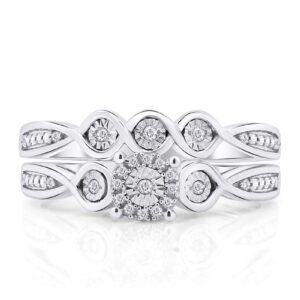 AFFY 1/10 ctw Round White Natural Diamond Set Ladies Engagement Wedding Bridal Ring Set In 14k White Gold Plated Sterling Silver (I-J / I2-I3, 0.10 ctw) Size-10